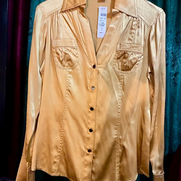 cinq a sept | Tops | Gold Satin Buttondown Shirt | Poshmark